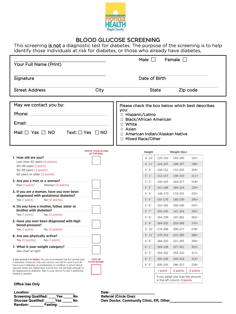 Fillable Online Blood Glucose Screening - Flagler County Health ...