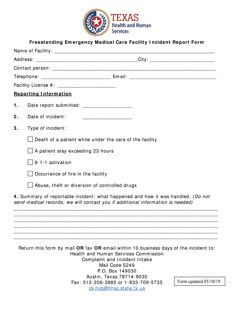 TX HHS Freestanding Emergency Medical Care Facility Incident Report ...