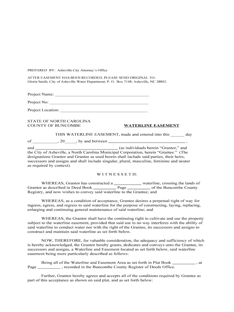 Fillable Online Fillable Online ashevillenc WATERLINE EASEMENT ... Fax ...