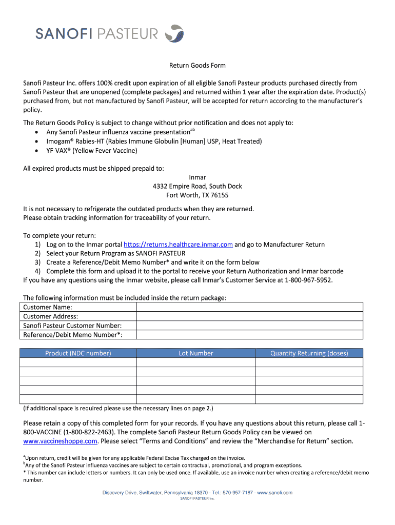 Fillable Online Return Goods Form Sanofi Pasteur Inc. offers 100% ...