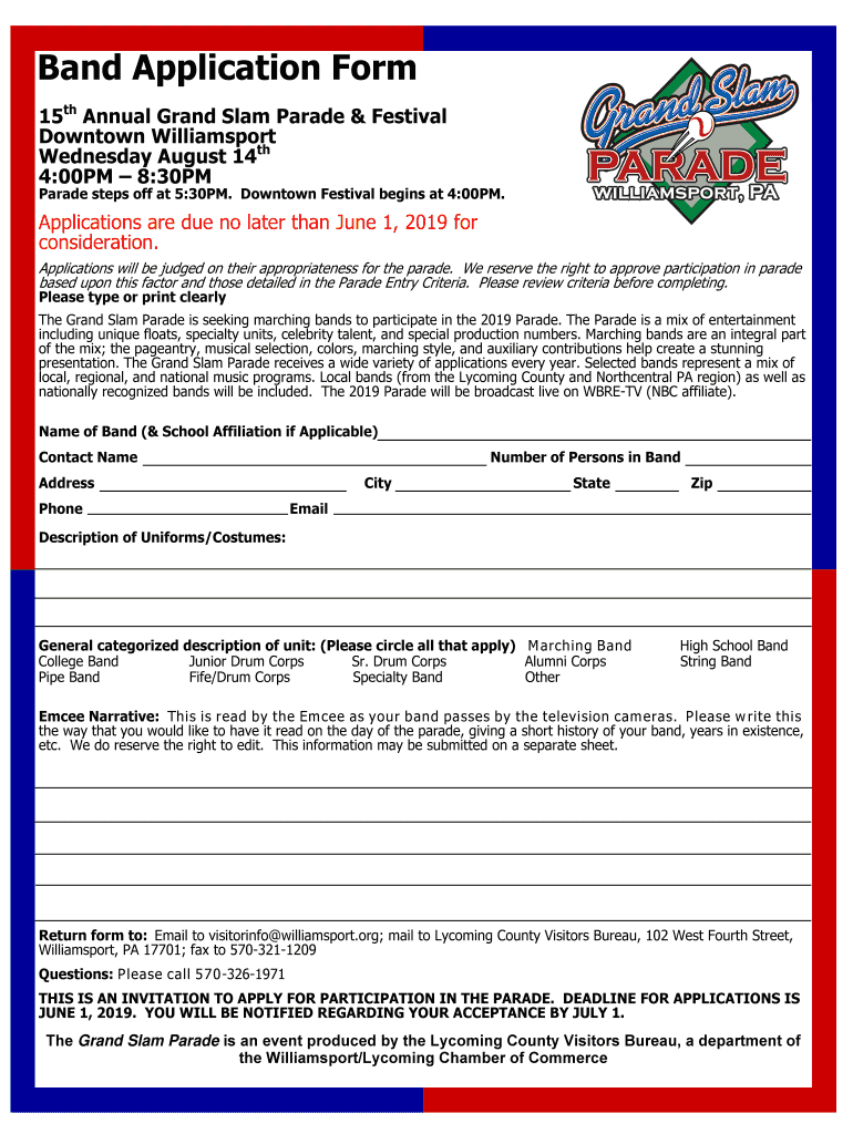 Fillable Online Band Application Form - vacationpa.com Fax Email Print ...