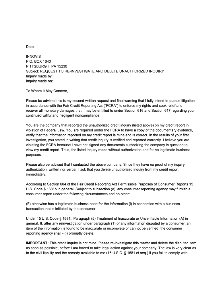How To Remove Inquiries From Credit Report Sample Letter Fill Online Printable Fillable 