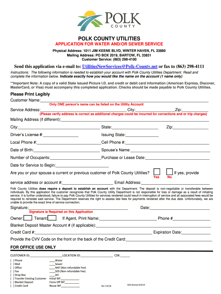 Application for Water and or Sewer Service - Polk County BoCC: Fill out ...
