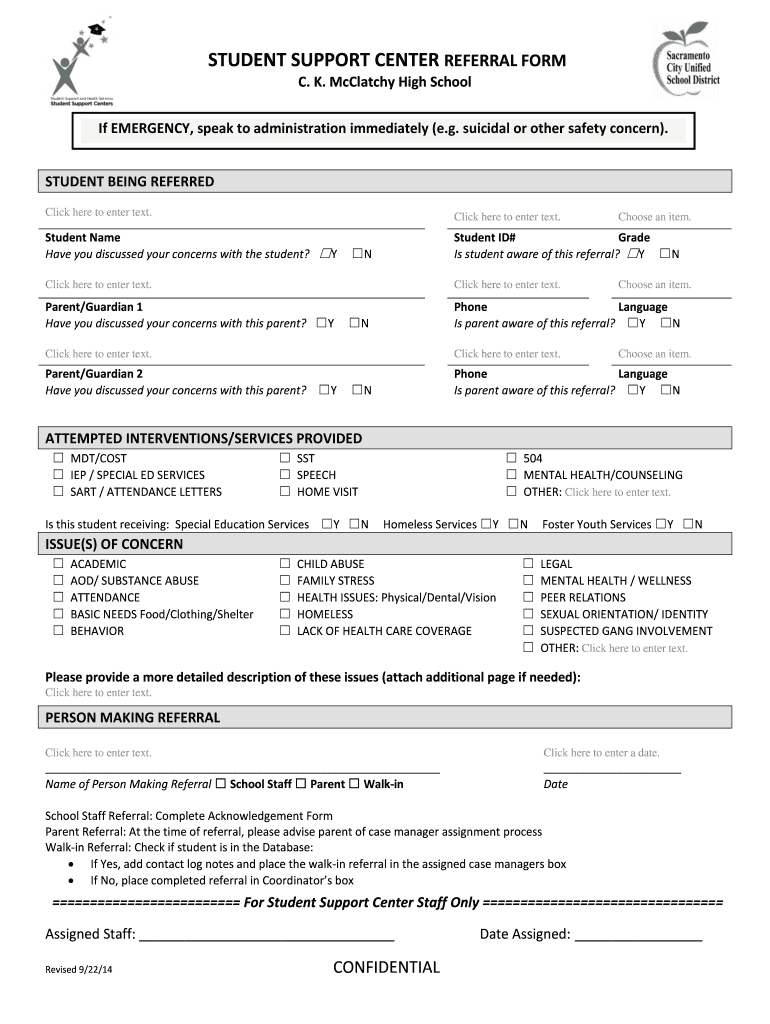 Fillable Online ckm scusd Student Support Center Referral Form - C.K ...