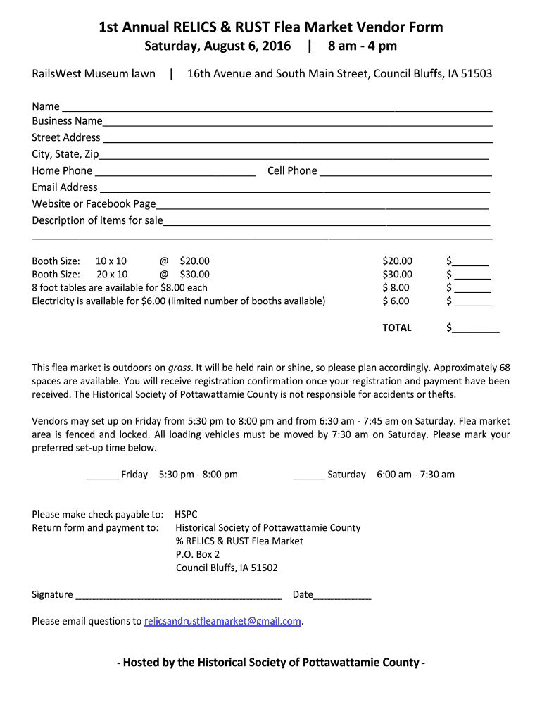 Fillable Online 1st Annual RELICS & RUST Flea Market Vendor Form Fax ...