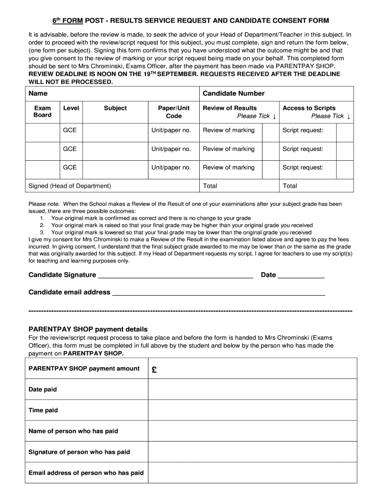 Fillable Online 6th FORM POST - RESULTS SERVICE REQUEST AND CANDIDATE ...