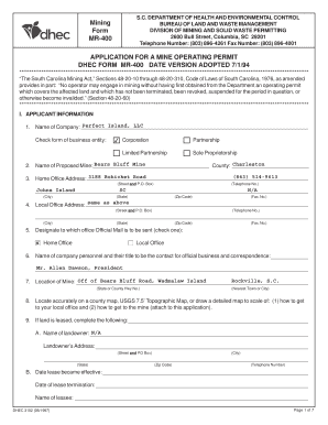 Fillable Online APPLICATION FOR A MINE OPERATING PERMIT DHEC FORM MR ...