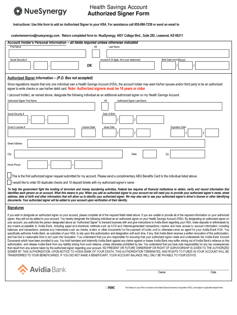 Fillable Online Health Savings Account Authorized Signer Form ...