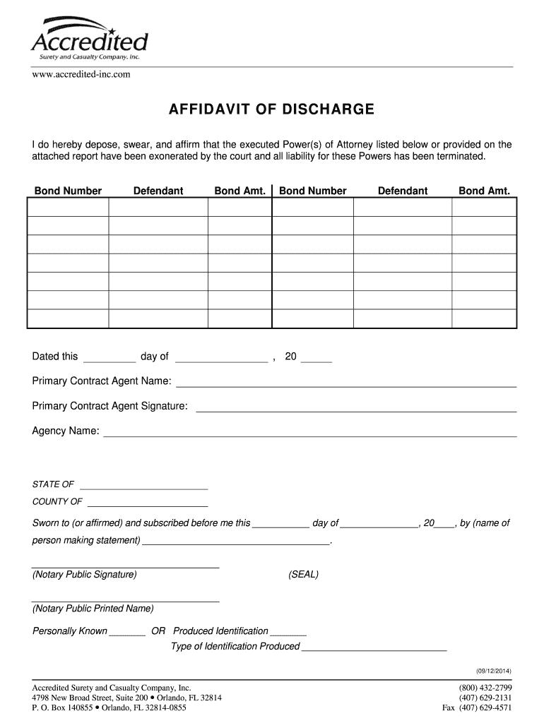 Fillable Online affidavit of discharge - Accredited Surety and Casualty ...