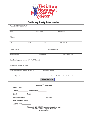 Fillable Online Birthday Party Registration Form.doc Fax Email Print ...