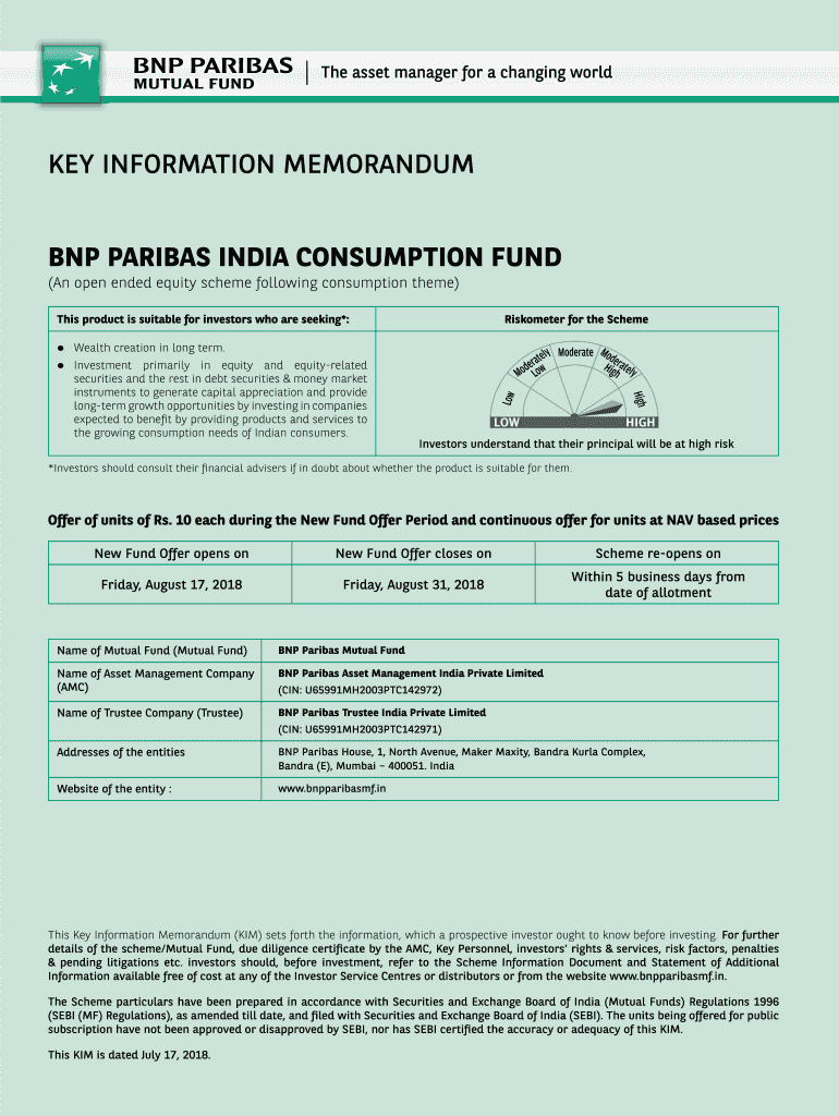 Fillable Online key information memorandum bnp paribas india ...