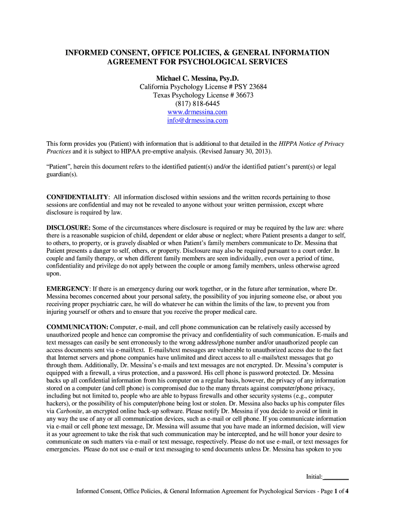 Fillable Online informed consent, office policies, & general ...