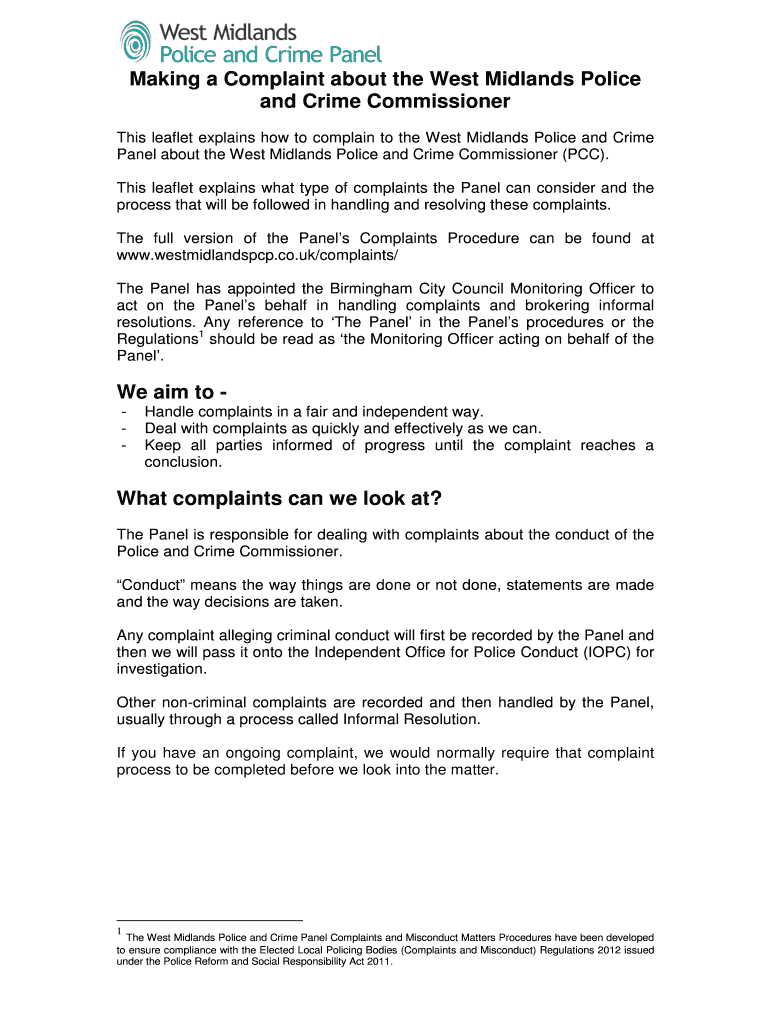 Fillable Online westmidlandspcp co Complaints ... - West Midlands Police and Crime Commissioner ...