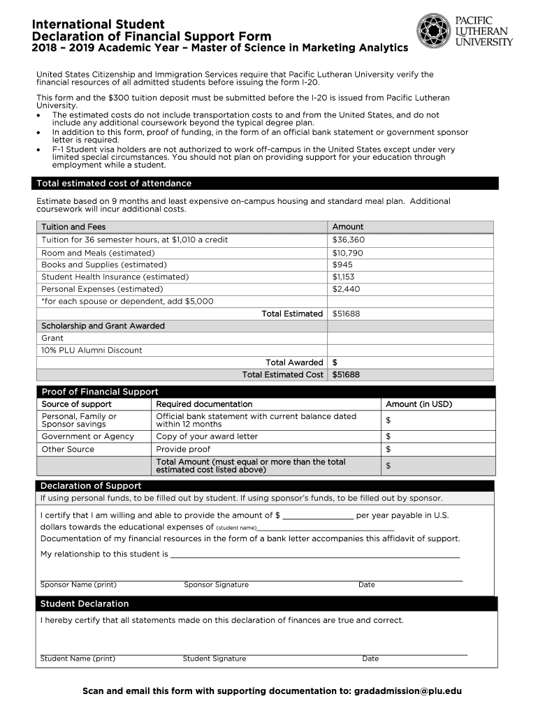 Fillable Online International Student Declaration of Financial Support ...