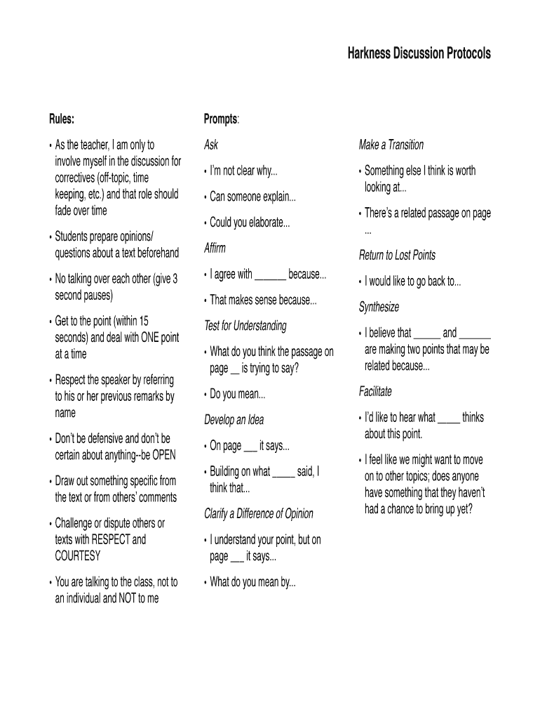 Fillable Online 7. The Harkness Discussion: Where Everyone Has a Voice ...