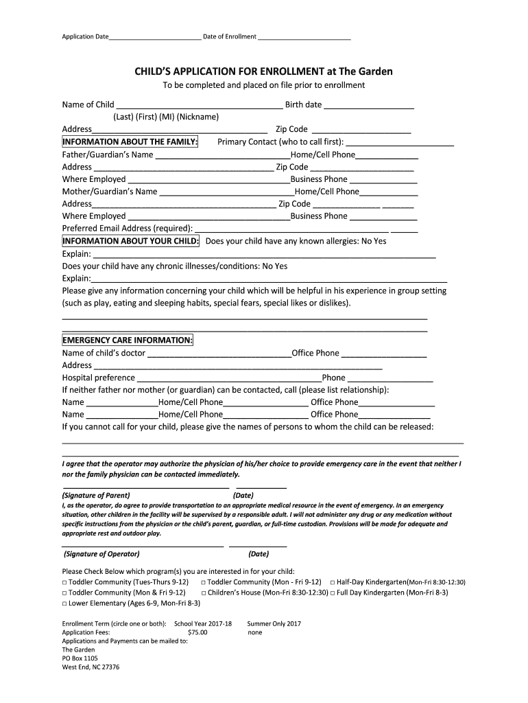 Fillable Online Children's Garden Day School Enrollment Application Fax ...
