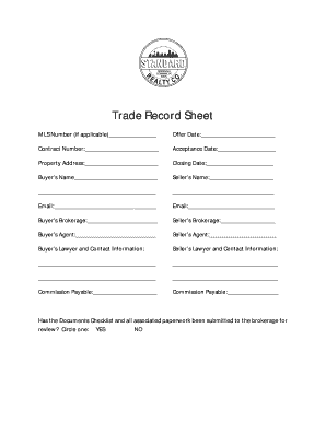 Fillable Online Trade Record Sheet - Standard Realty Forms Fax Email ...
