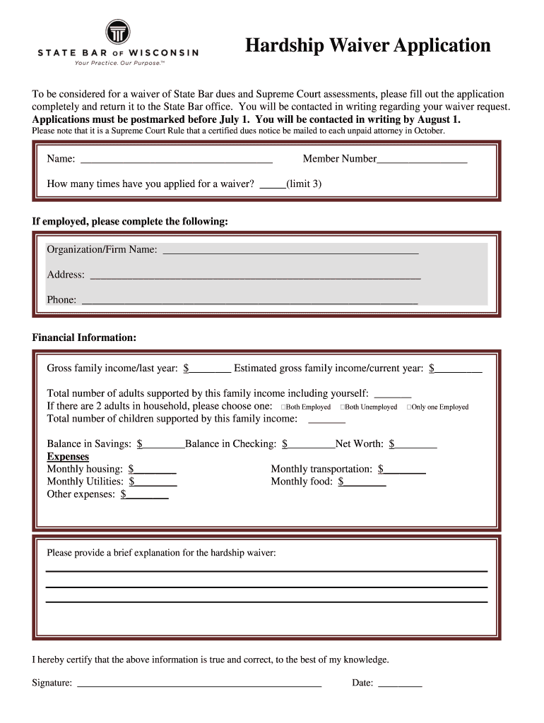 Fillable Online Hardship Waiver Application - State Bar of Wisconsin ...