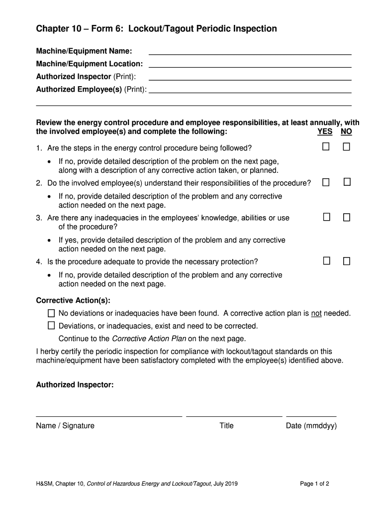 Fillable Online Chapter 10 Form 6: Lockout/Tagout Periodic Inspection ...
