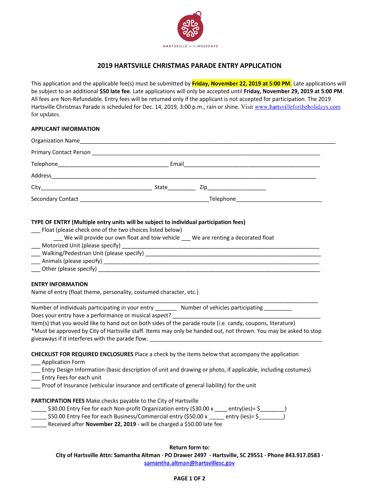 Fillable Online Christmas Parade Entry Application - City of Hartsville ...