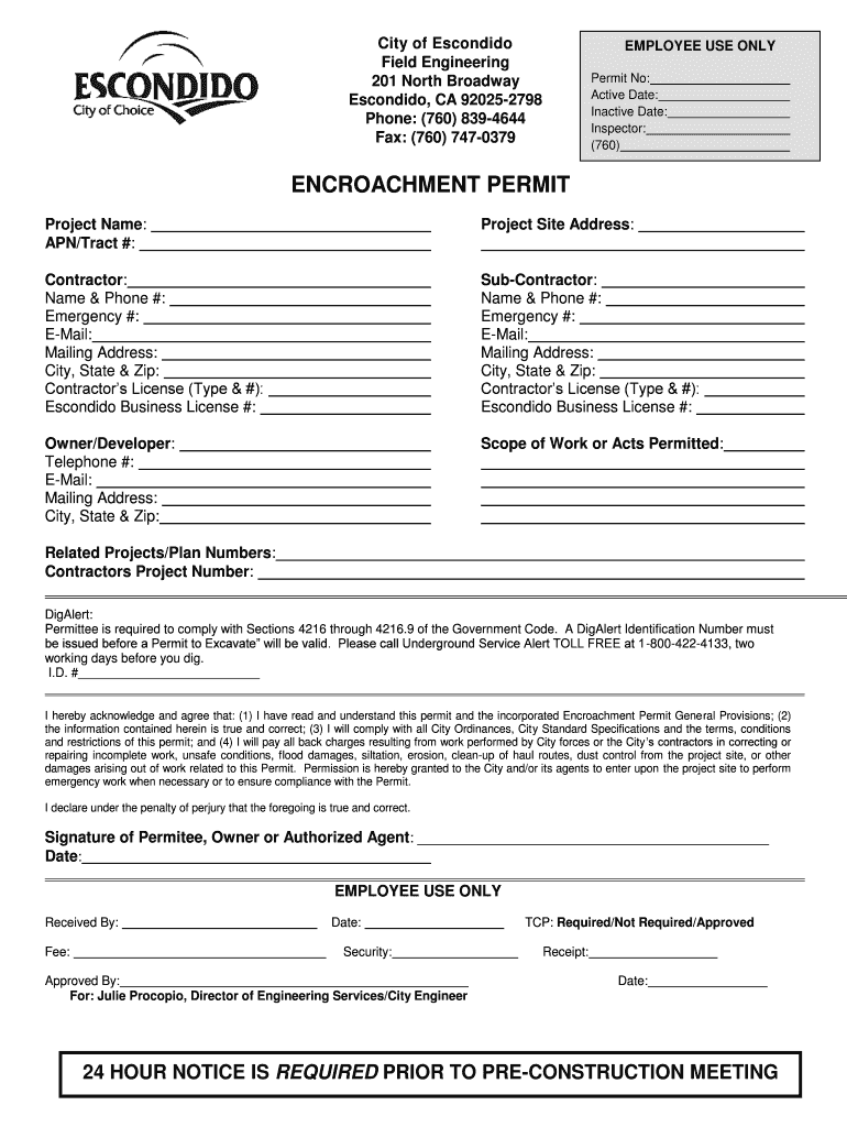 Fillable Online Fillable Online escondido Encroachment Permit - City of ...