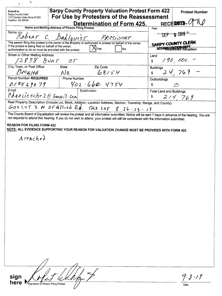 Fillable Online Sarpy County Property Valuation Protest Form 422 sign ...