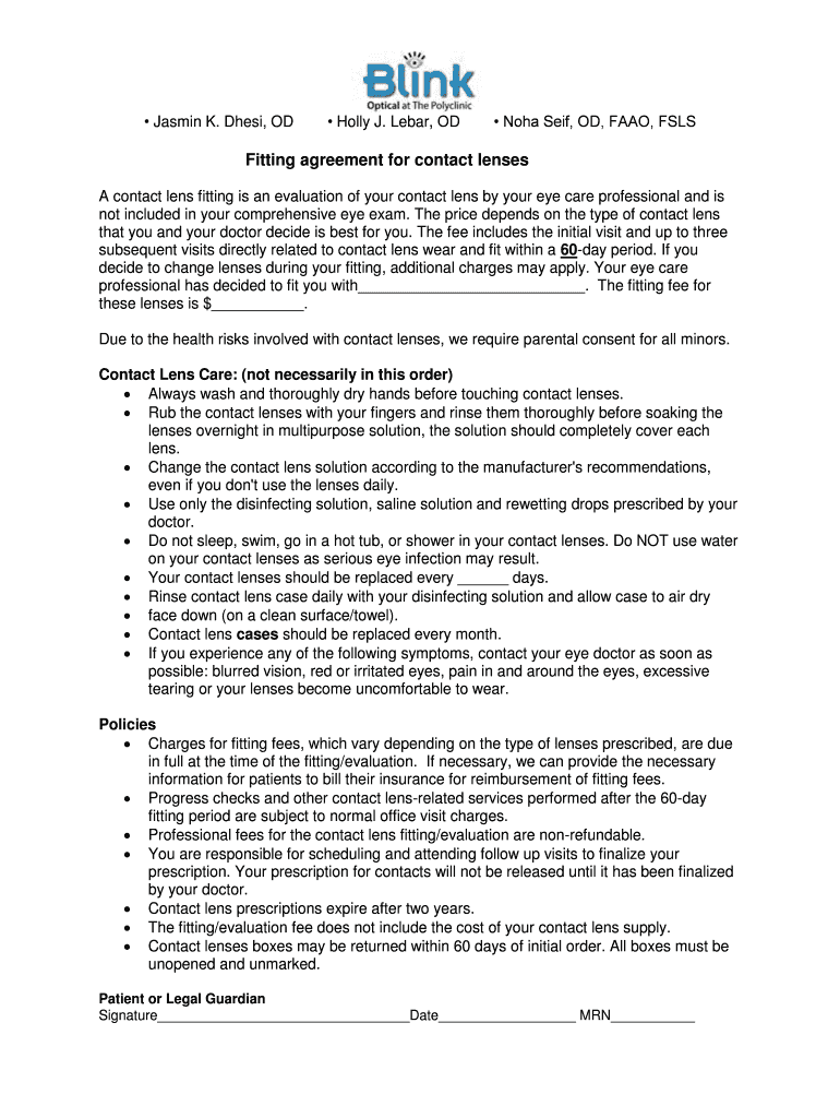 Fillable Online Fitting agreement for contact lenses - The Polyclinic ...