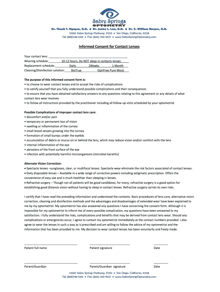 Fillable Online Informed Consent for Contact Lenses - Sabre Springs ...