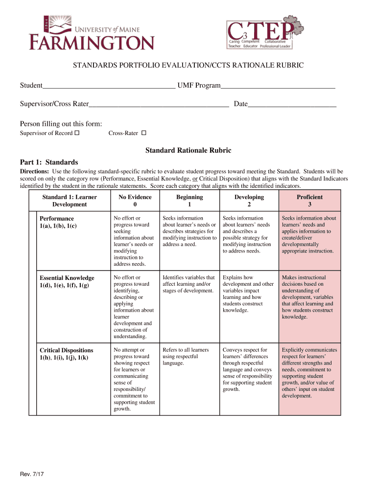 Fillable Online www2 umf maine STANDARDS PORTFOLIO EVALUATION/CCTS ...