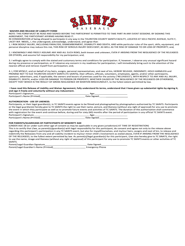 Fillable Online WAIVER AND RELEASE OF LIABILITY FORM - USA Baseball Fax ...