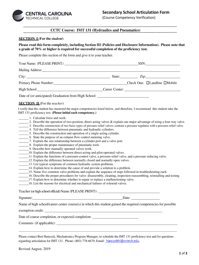 Fillable Online Secondary School Articulation Form - cctech.edu Fax ...