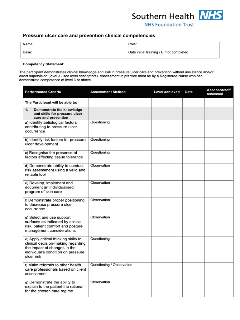 Fillable Online Pressure ulcer care and prevention clinical ...
