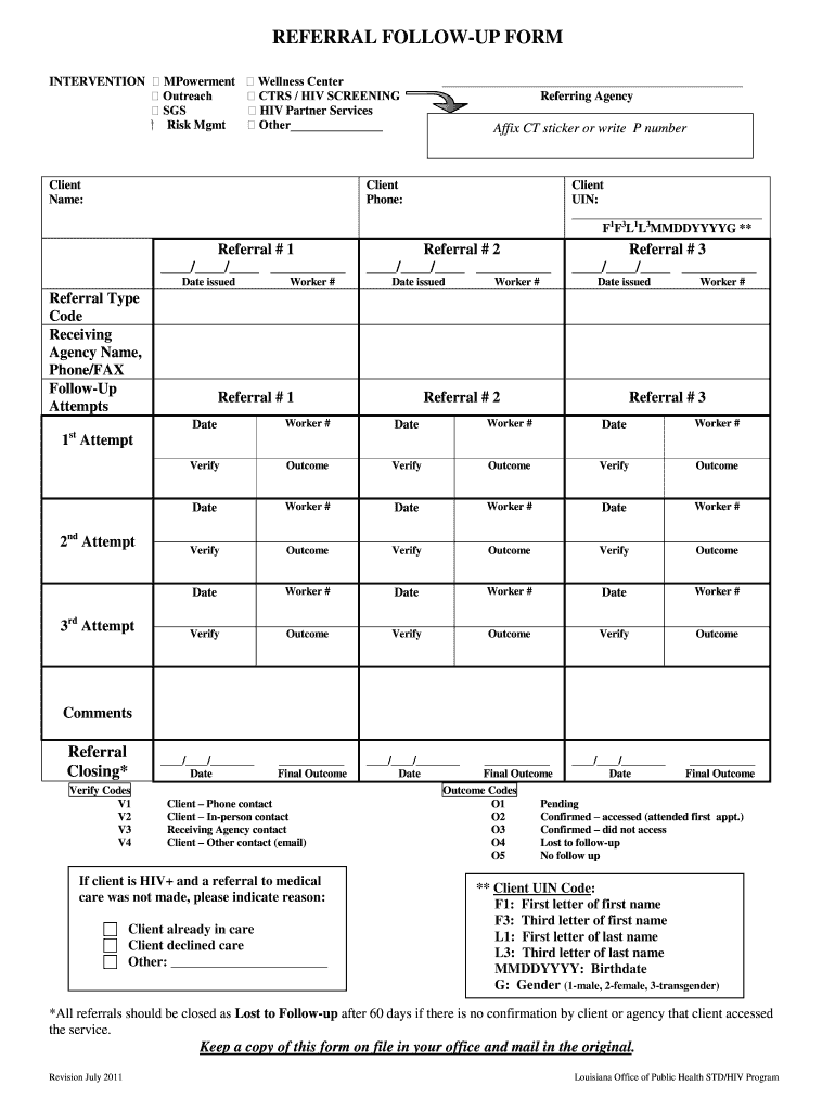 Fillable Online REFERRAL FOLLOW-UP FORM - ldh.la.gov Fax Email Print ...