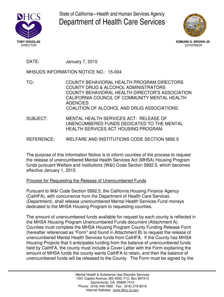 Fillable Online DHCS MHSUDS Information Notice No. 15-004. DHCS ...