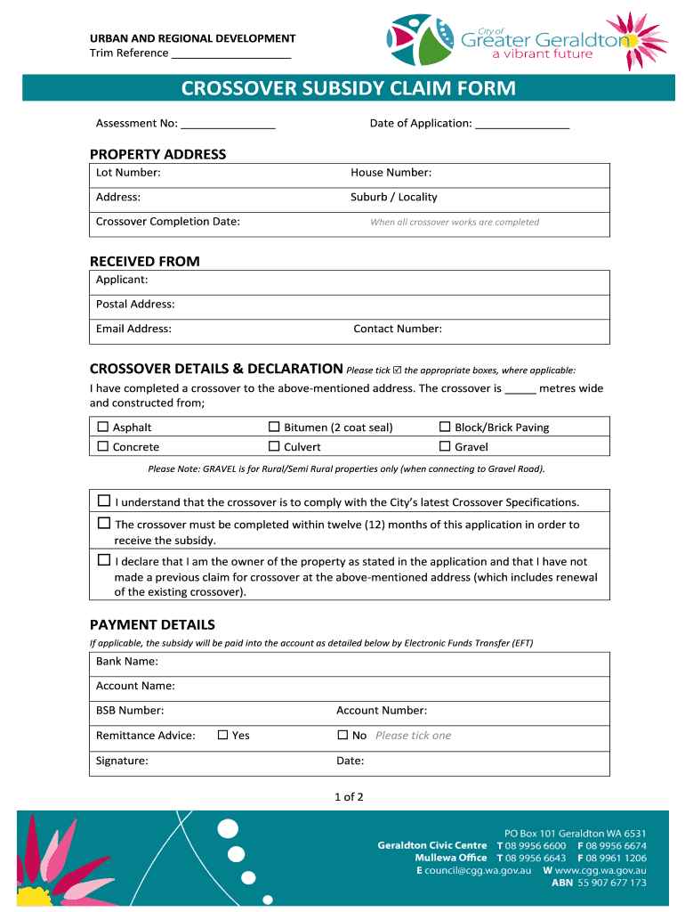 Fillable Online CROSSOVER SUBSIDY CLAIM FORM Fax Email Print - pdfFiller