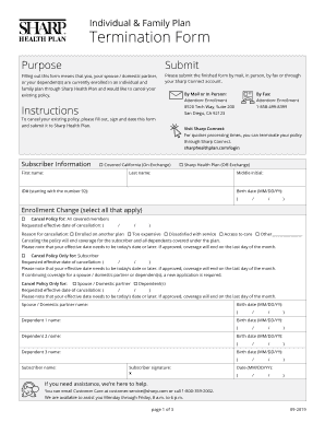 Fillable Online Sharp Health Plan Individual & Family Plan Termination ...