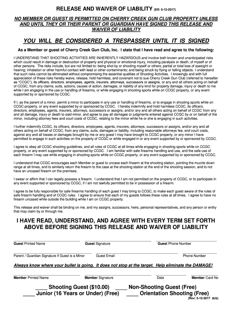 Fillable Online RELEASE AND WAIVER OF LIABILITY - Cherry Creek Gun ...