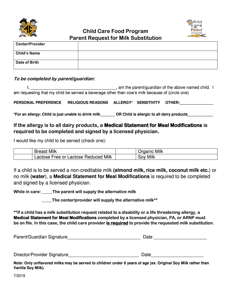 Fillable Online Parent Request for Milk Substitution - 4C Fax Email ...