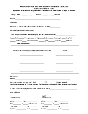 Fillable Online Sick Pay Claim Form - Local 802 Fax Email Print - pdfFiller