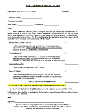 Fillable Online RESTITUTION REQUEST FORM - bellcountytx.com Fax Email ...