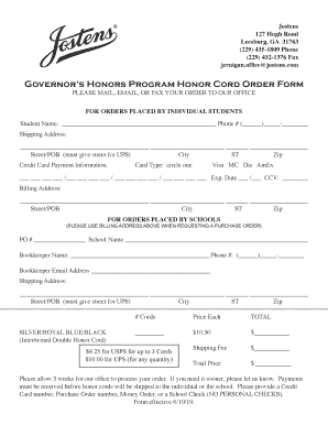 Fillable Online Governor's Honors Program Honor Cord Order Form Fax ...