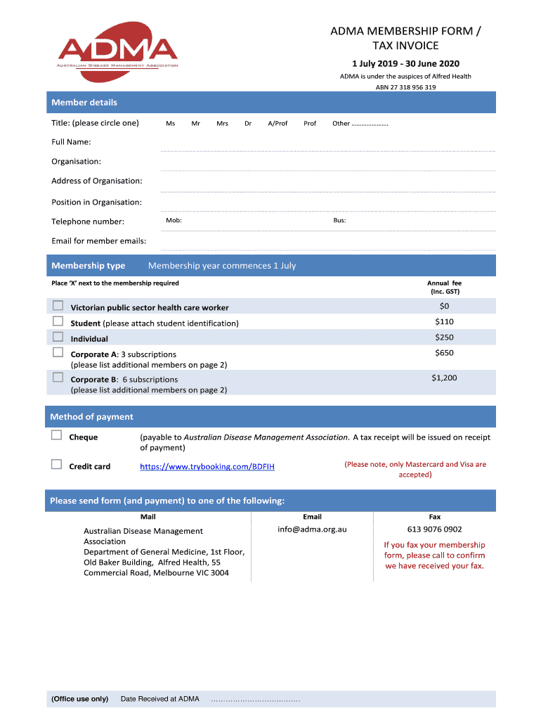 Fillable Online adma org adma membership form / tax invoice ...