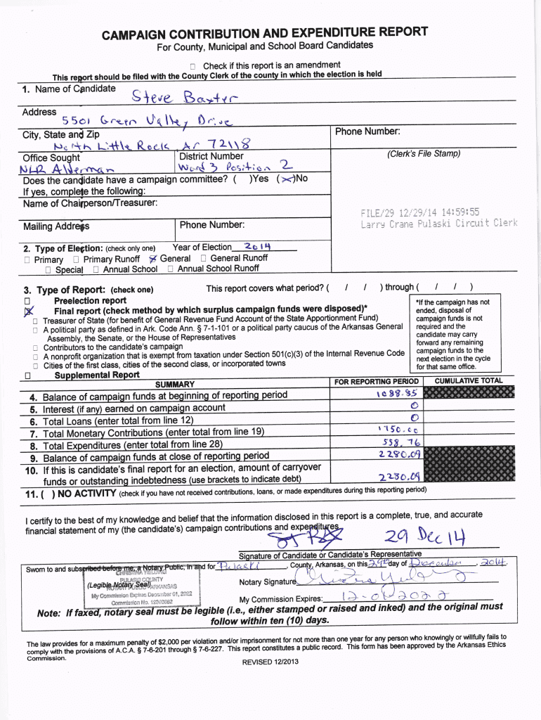 Fillable Online CAMPAIGN GONTRIBUTION AND EXPENDITURE REPORT Fax Email ...