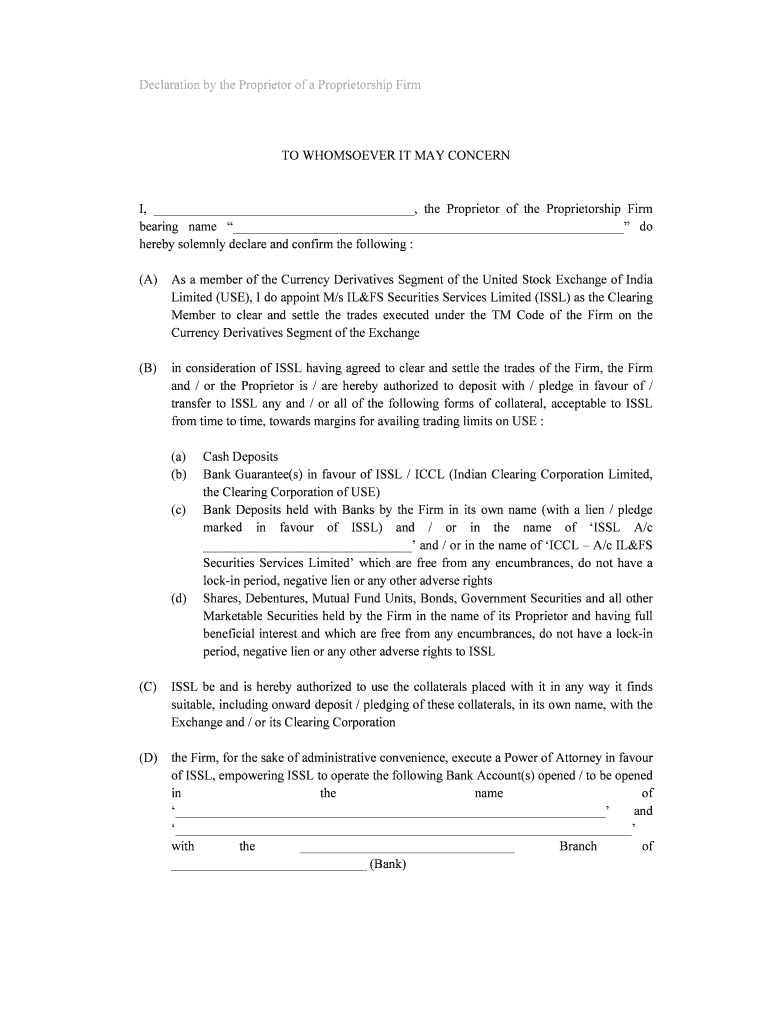 Fillable Online Declaration by the Proprietor of a Proprietorship Firm ...