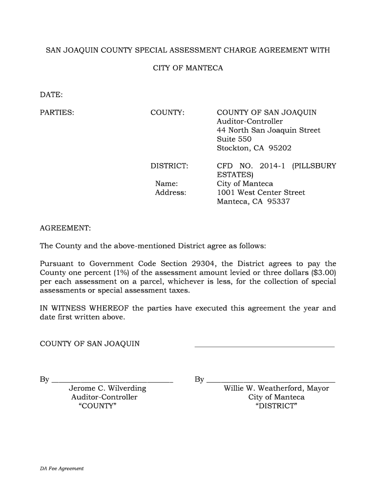 Fillable Online SAN JOAQUIN COUNTY SPECIAL ASSESSMENT CHARGE AGREEMENT ...