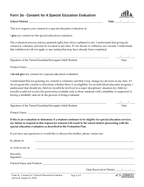 Fillable Online education vermont Form 3a - Consent for A Special ...