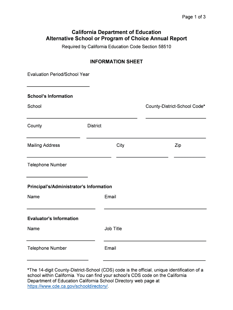 Fillable Online Alternative School or Program of Choice Annual Report Information Sheet - Annual ...