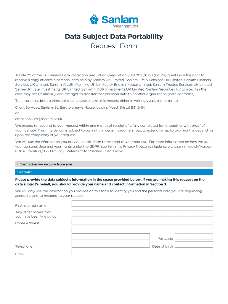 Fillable Online Data Subject Data Portability Request Form Fax Email ...