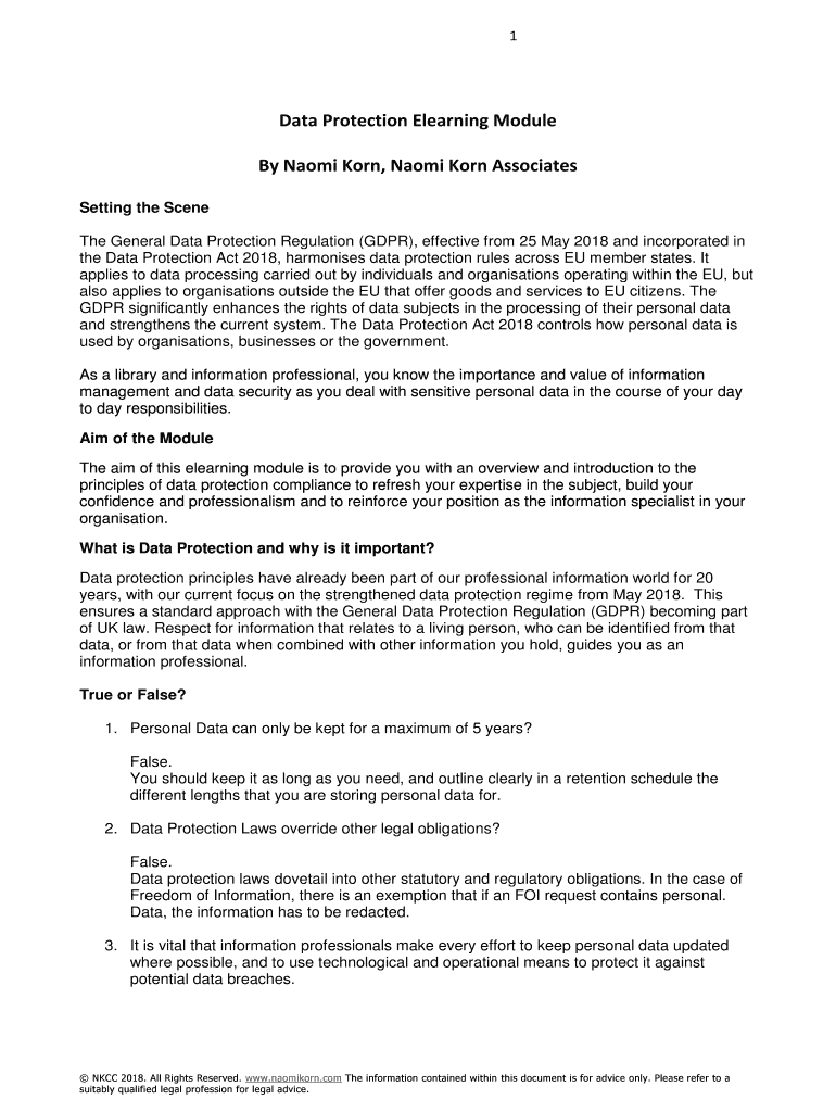 Fillable Online Data Protection Elearning Module By Naomi Korn, Naomi ...