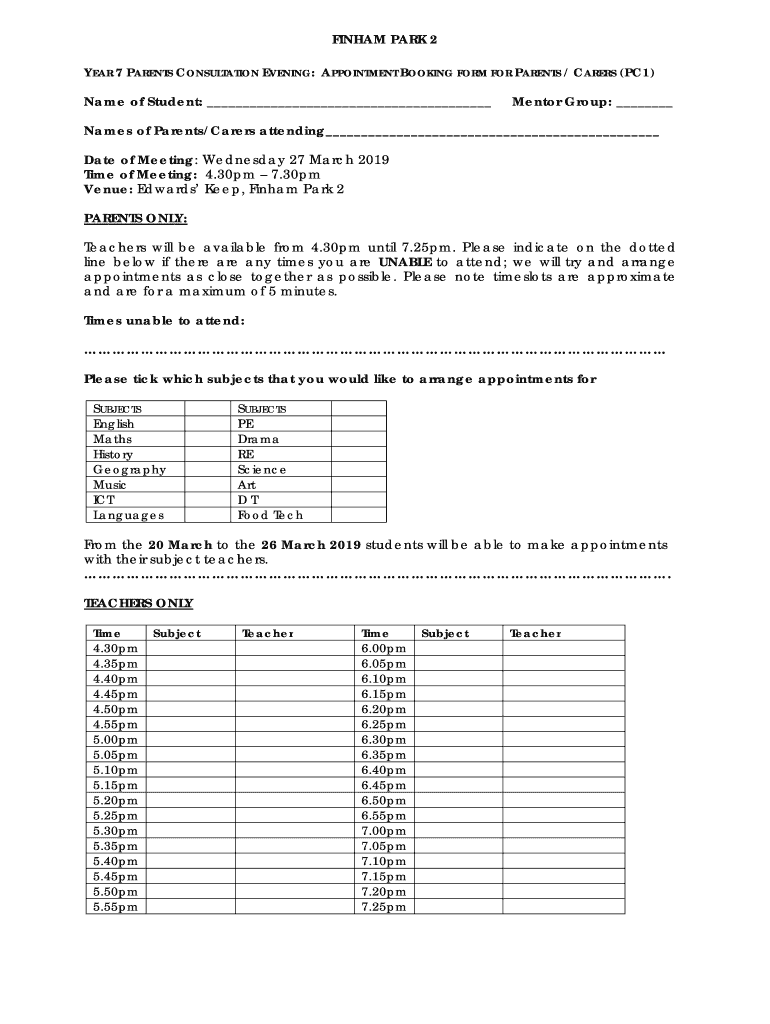 Fillable Online Yr 7 Parents Evening - Student Booking Form Fax Email ...